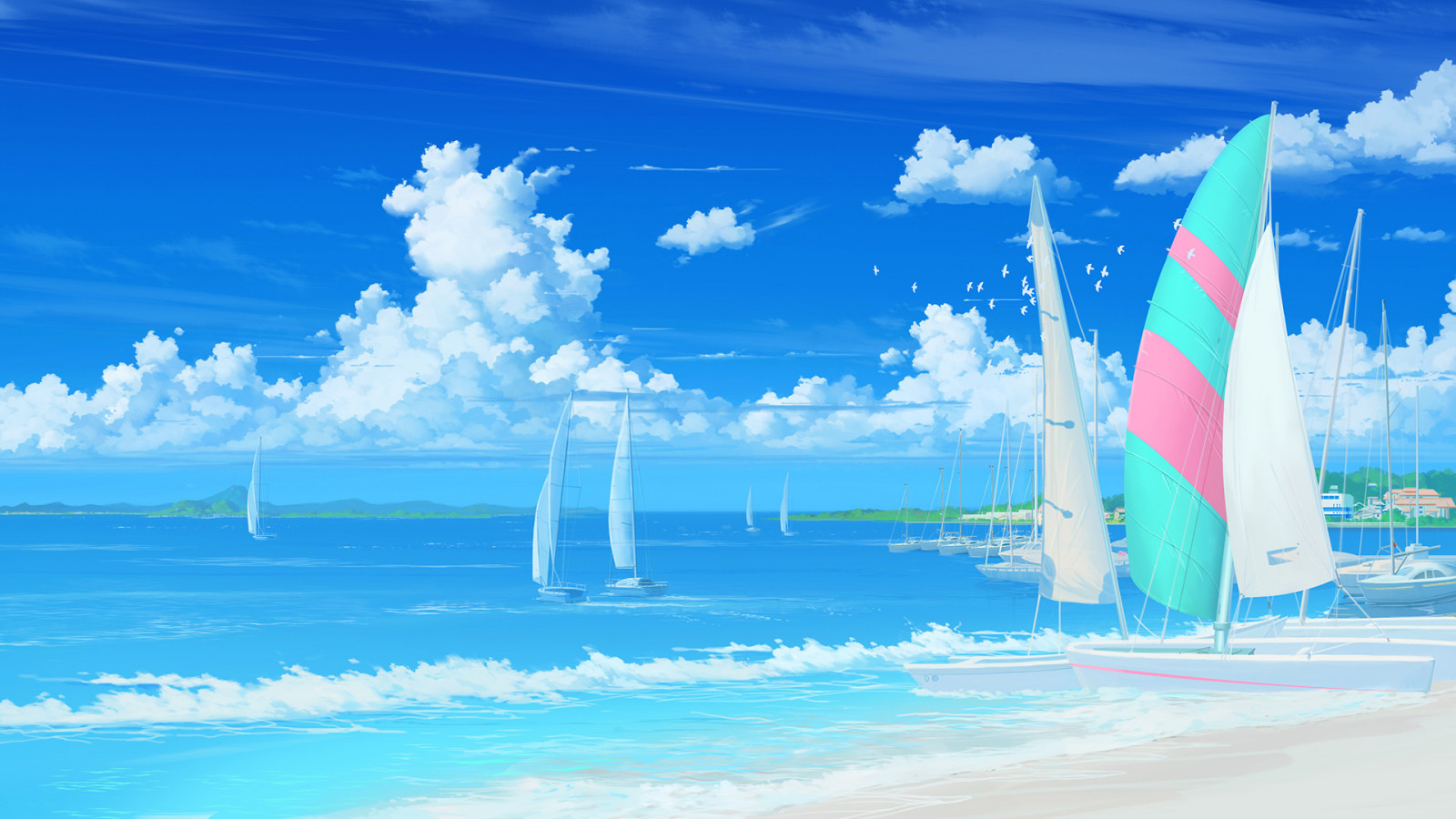 壁纸 天空 船只 天蓝色 积云 海滩 帆船 旅行 桅杆 休闲 地平线 景观 湖 风浪 冷静 Natural