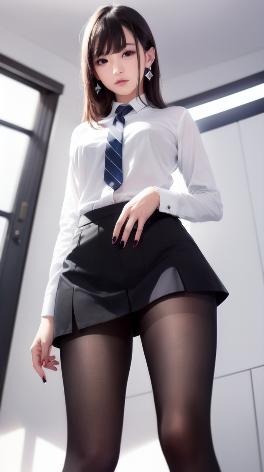 Wallpaper Office Girl Miniskirt Lace Stockings White Shirt Ai Art Cleavage Legs 896x1600