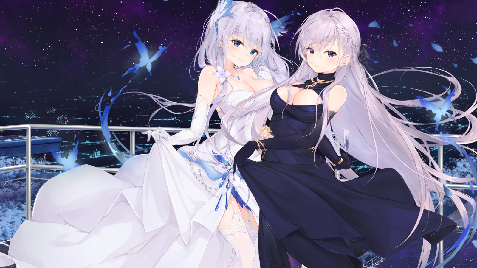 Wallpaper Long Hair White Dress Black Dress Gray Hair Blue Eyes