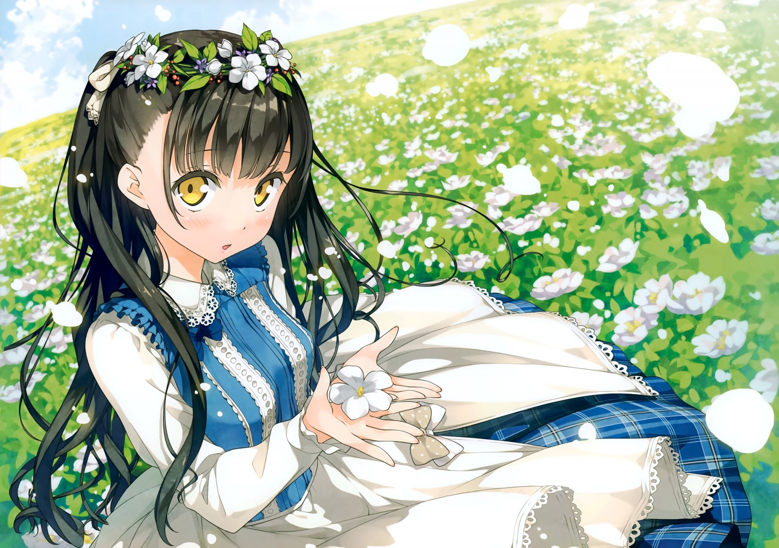 Wallpaper Illustration Flowers Long Hair Anime Girls Dress Black