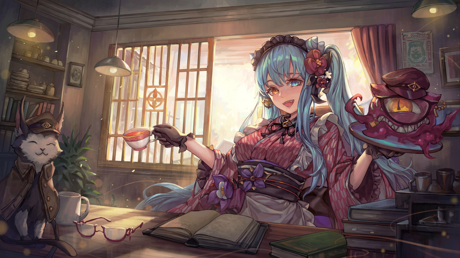 배경 화면 : 애니메이션 소녀들, Yahiro, 삽화, 고양이, 일본 옷, 가정부 복장, 파란 머리, 이색 증 3000x1687 ...