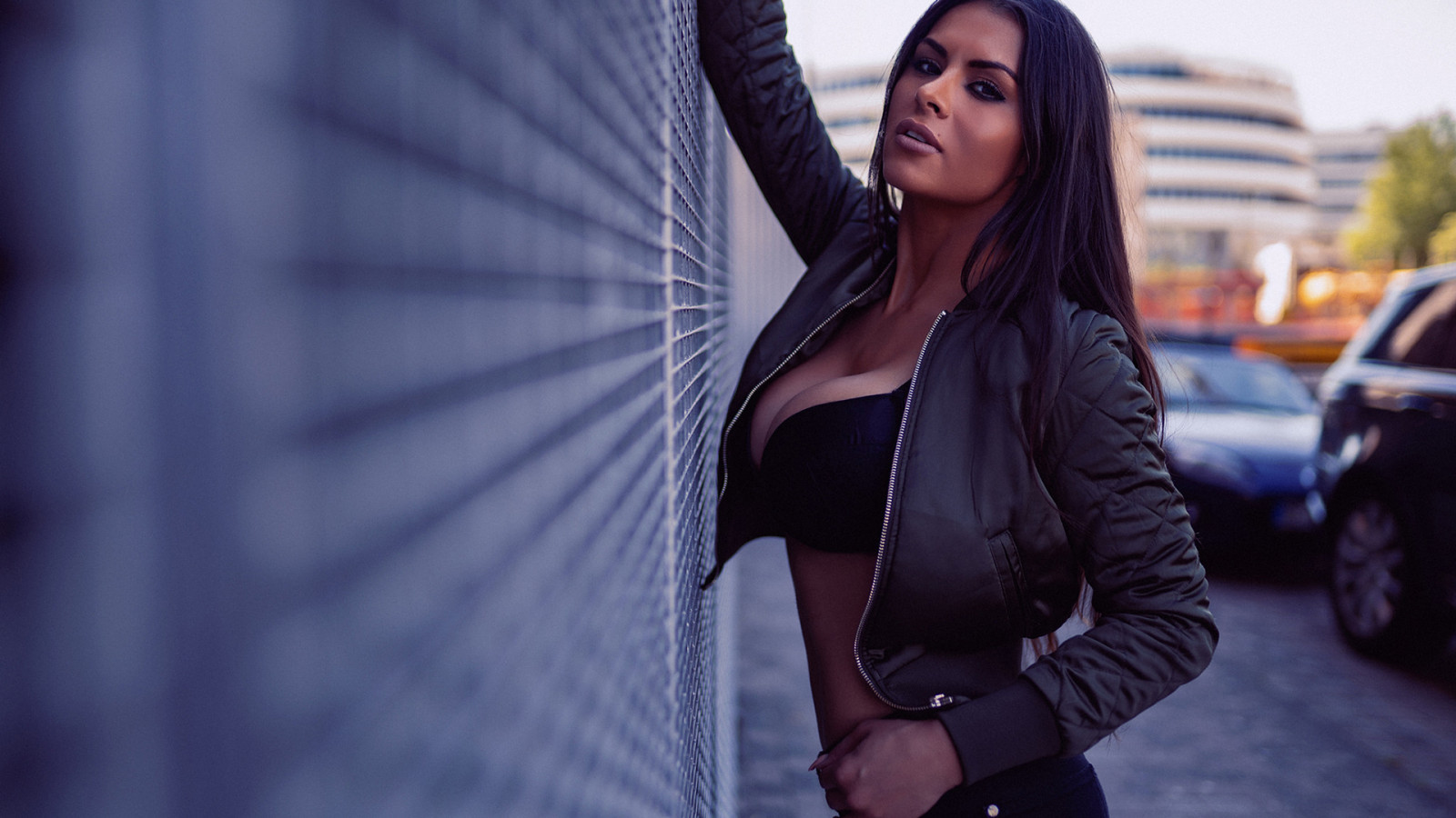 Wallpaper Model Brunette Black Bras Leather Jackets 1920x1080