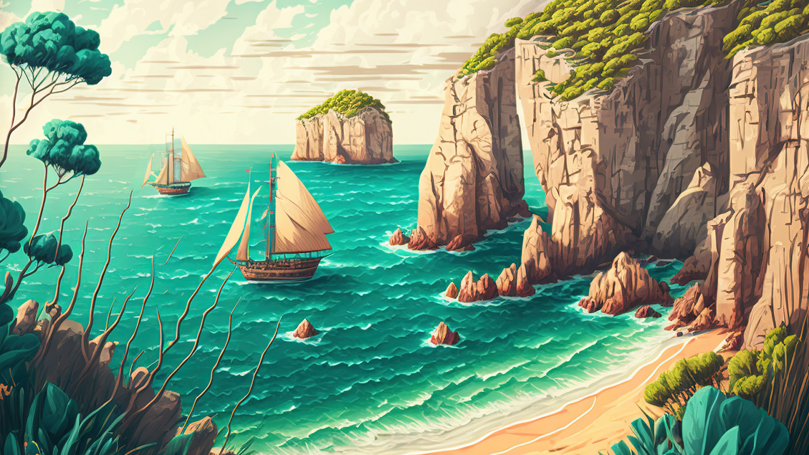 Wallpaper : cliff, ocean view, waves, beach, plants, rocks, water, boat ...