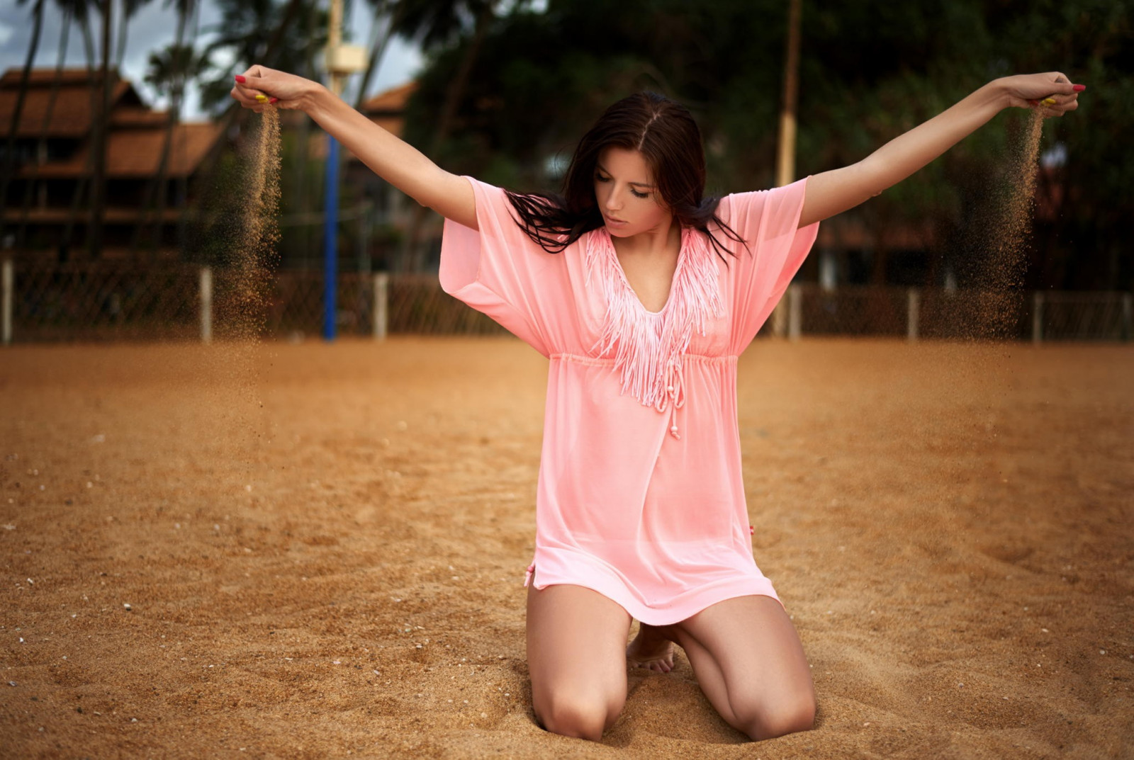 Wallpaper Women Outdoors Model Long Hair Closed Eyes Sand