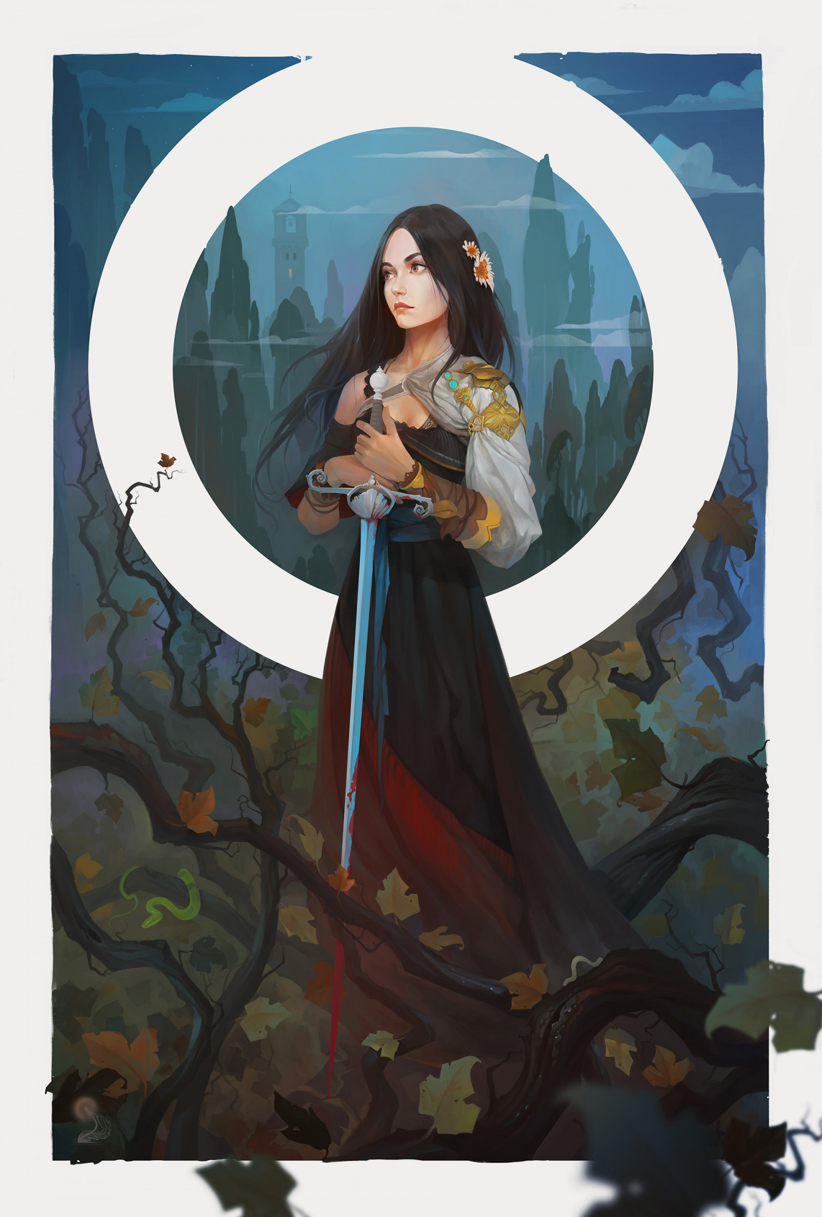 Wallpaper : Igor Artyomenko, digital art, sword, forest, women, dress ...