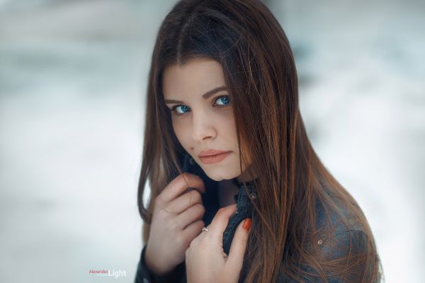 Wallpaper Women Brunette Leather Jackets Blue Eyes Freckles Long