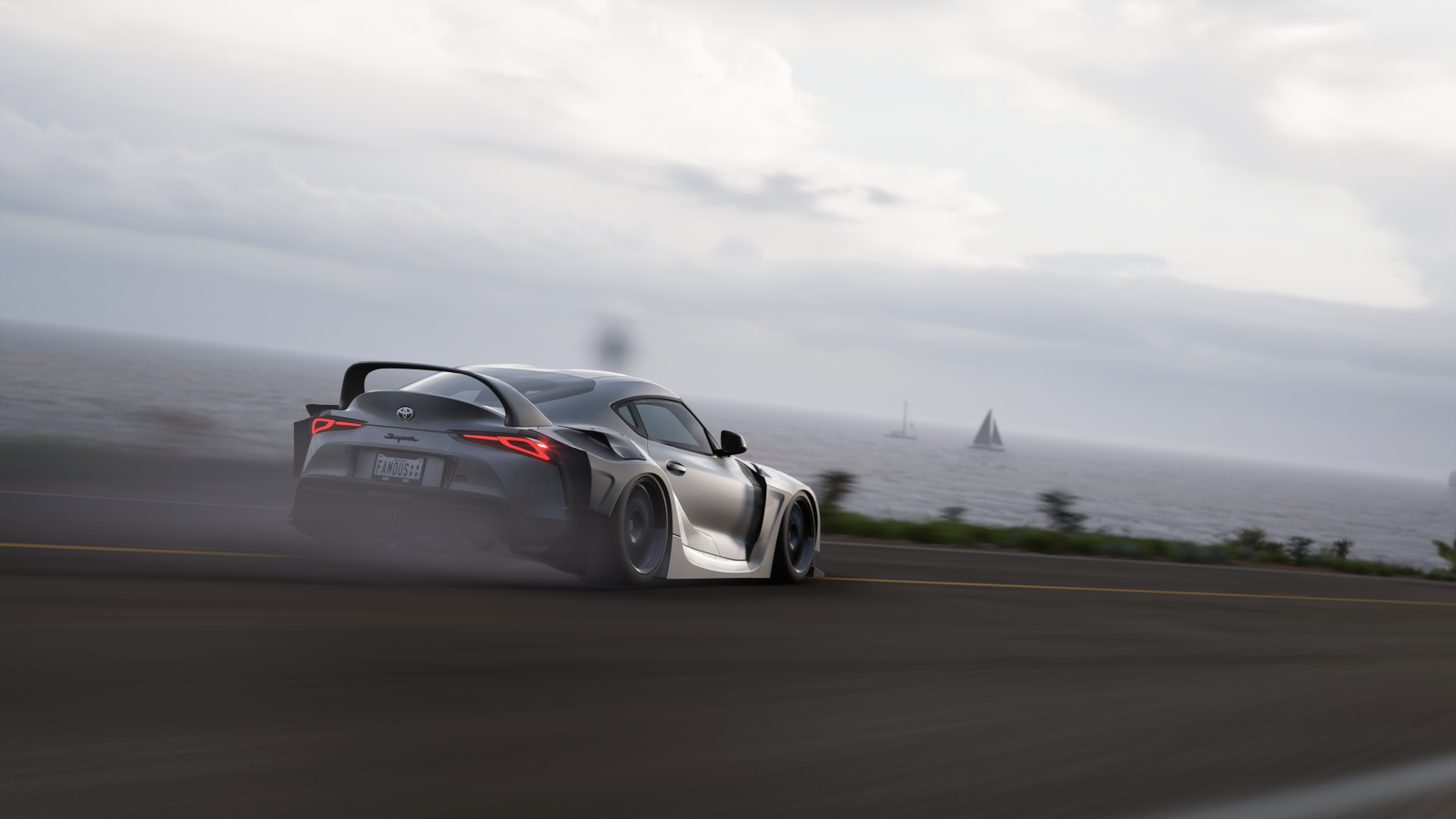 Tapety : Forza Horizon 5, Toyota Supra, Drift auta, západ slunce, mlha ...