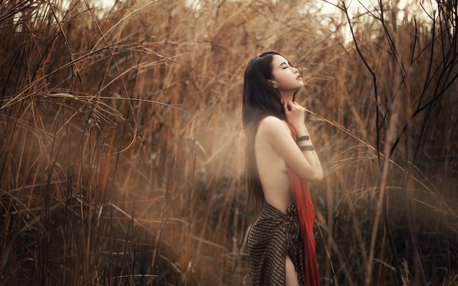 Wallpaper Sunlight Women Outdoors Model Long Hair Closed Eyes