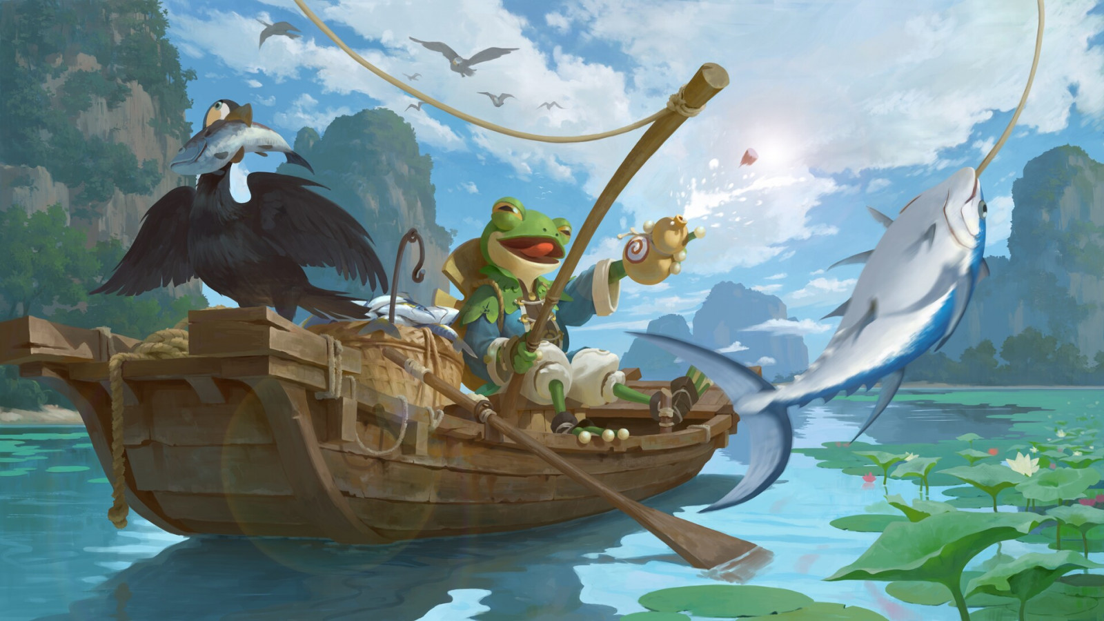 Wallpaper : Yeonji Rhee, digital art, fantasy art, boat, paddle, frog ...