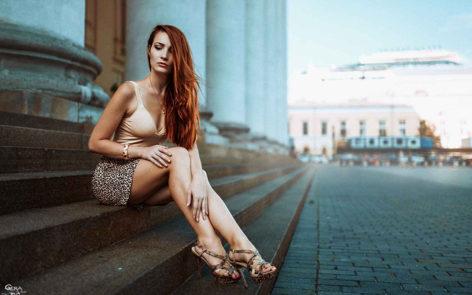 Wallpaper Women Outdoors Redhead Model Long Hair Legs Sitting