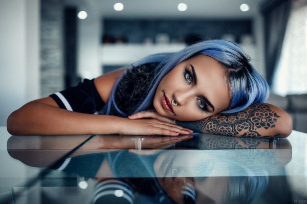 Wallpaper Women Dyed Hair Brunette Tattoo Table Glass Lingerie