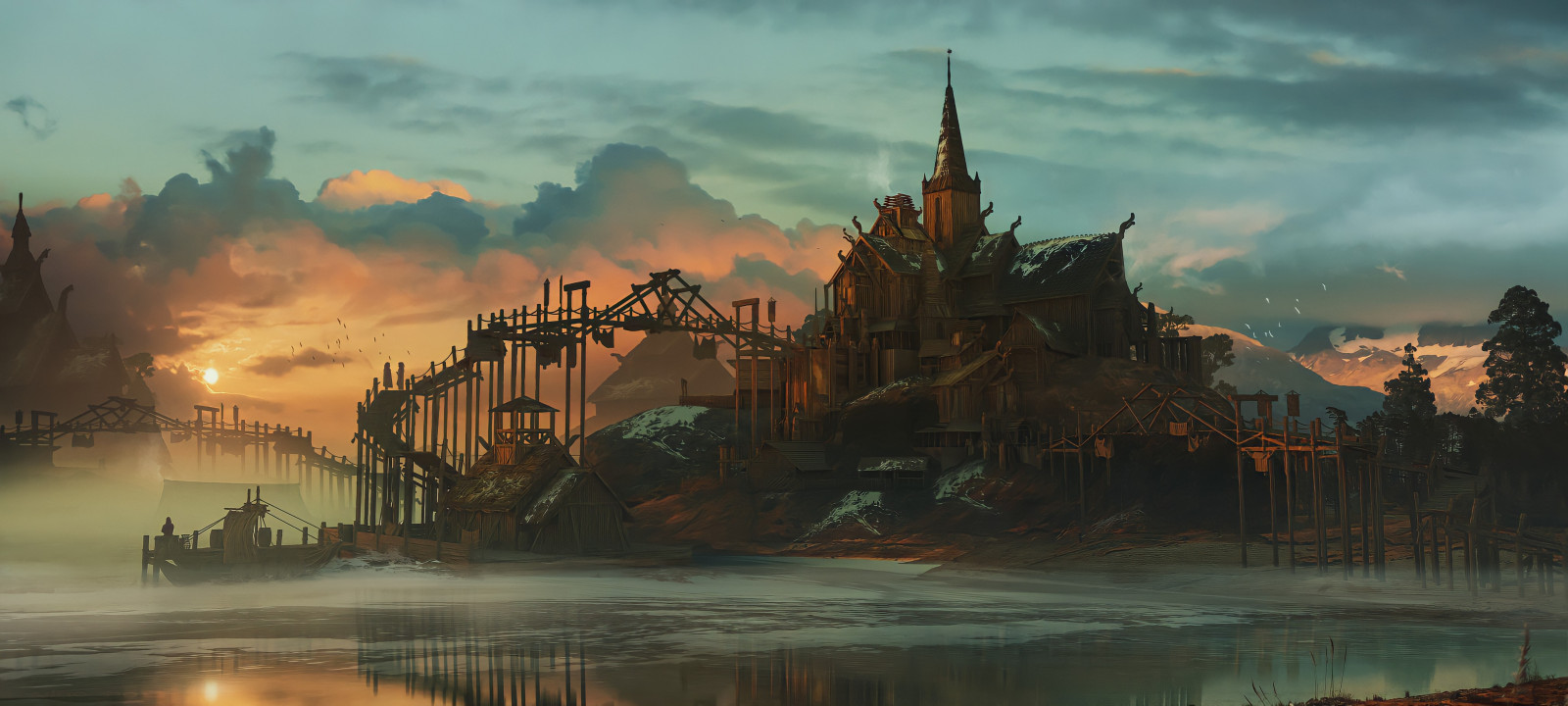 Wallpaper : castle, sunset, destroyed, artwork, digital art 4096x1844 ...