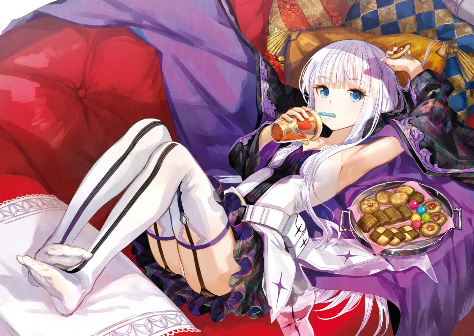 Fondos De Pantalla Ilustración Comida Pelo Largo Pelo Blanco Anime Medias Sofá Dibujos