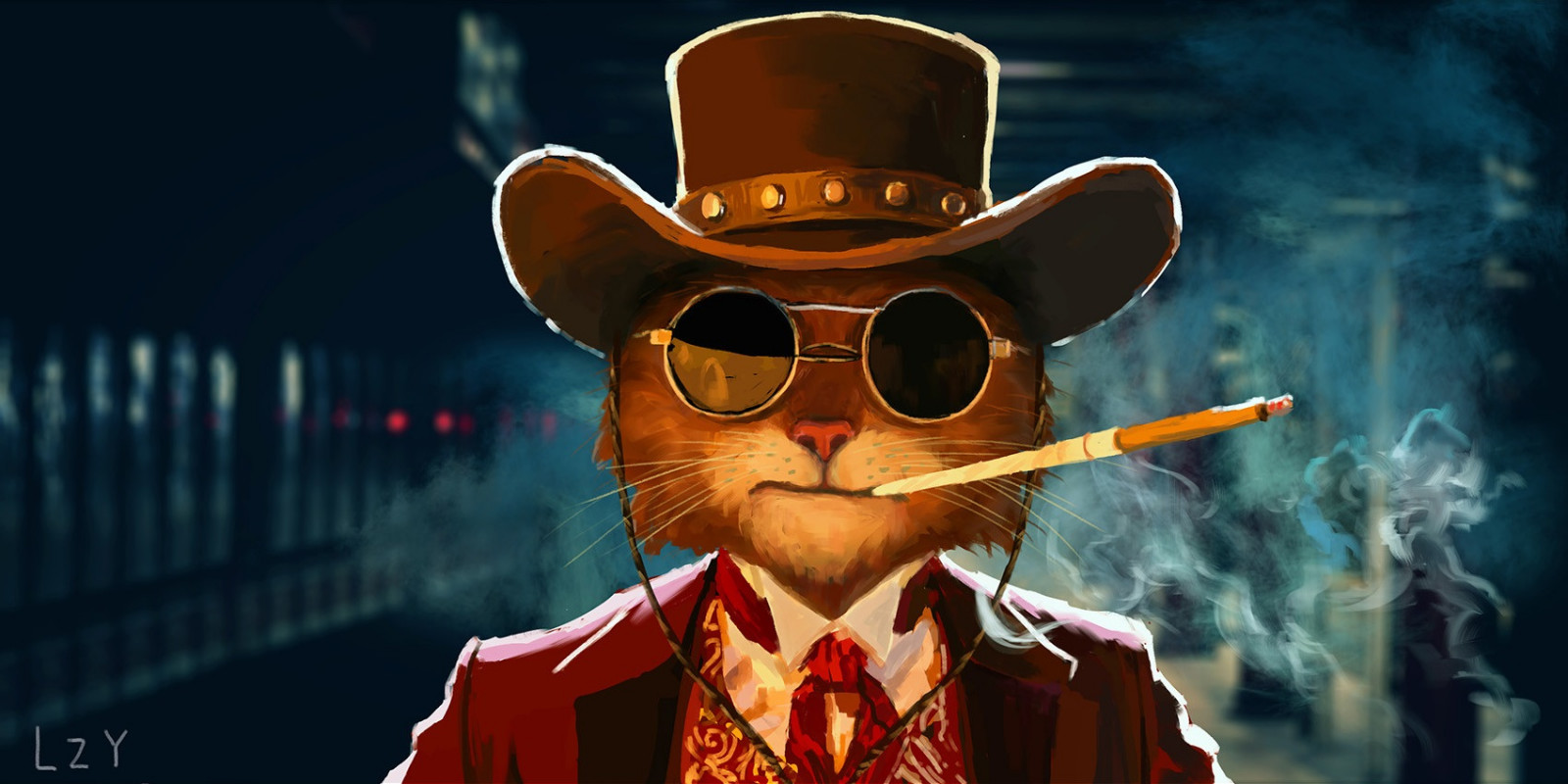 Wallpaper : cat, digital art, hat, artwork, cigars, smoke, humor ...