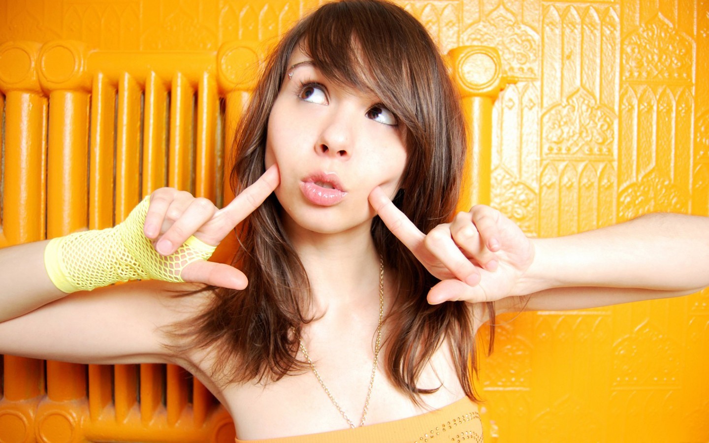 Wallpaper Face Women Model Long Hair Photography Yellow Black Hair Mouth Eating