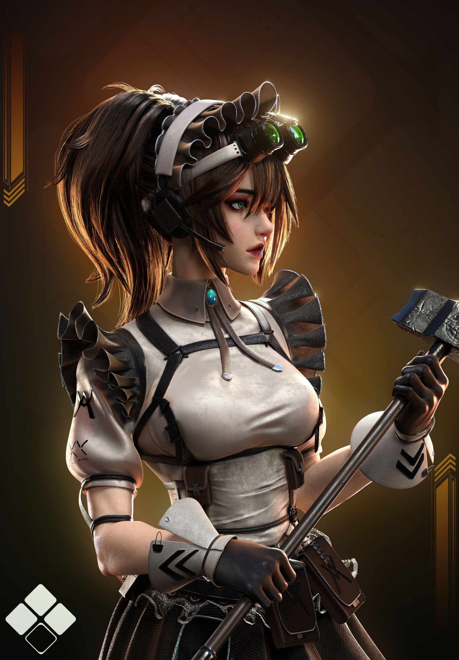 배경 화면 : Snow Moon Flower, CGI, 여자들, 갈색 머리의, 쌍안경, 무기, 망치, 멀리보고, 흰 옷, 판타지 ...