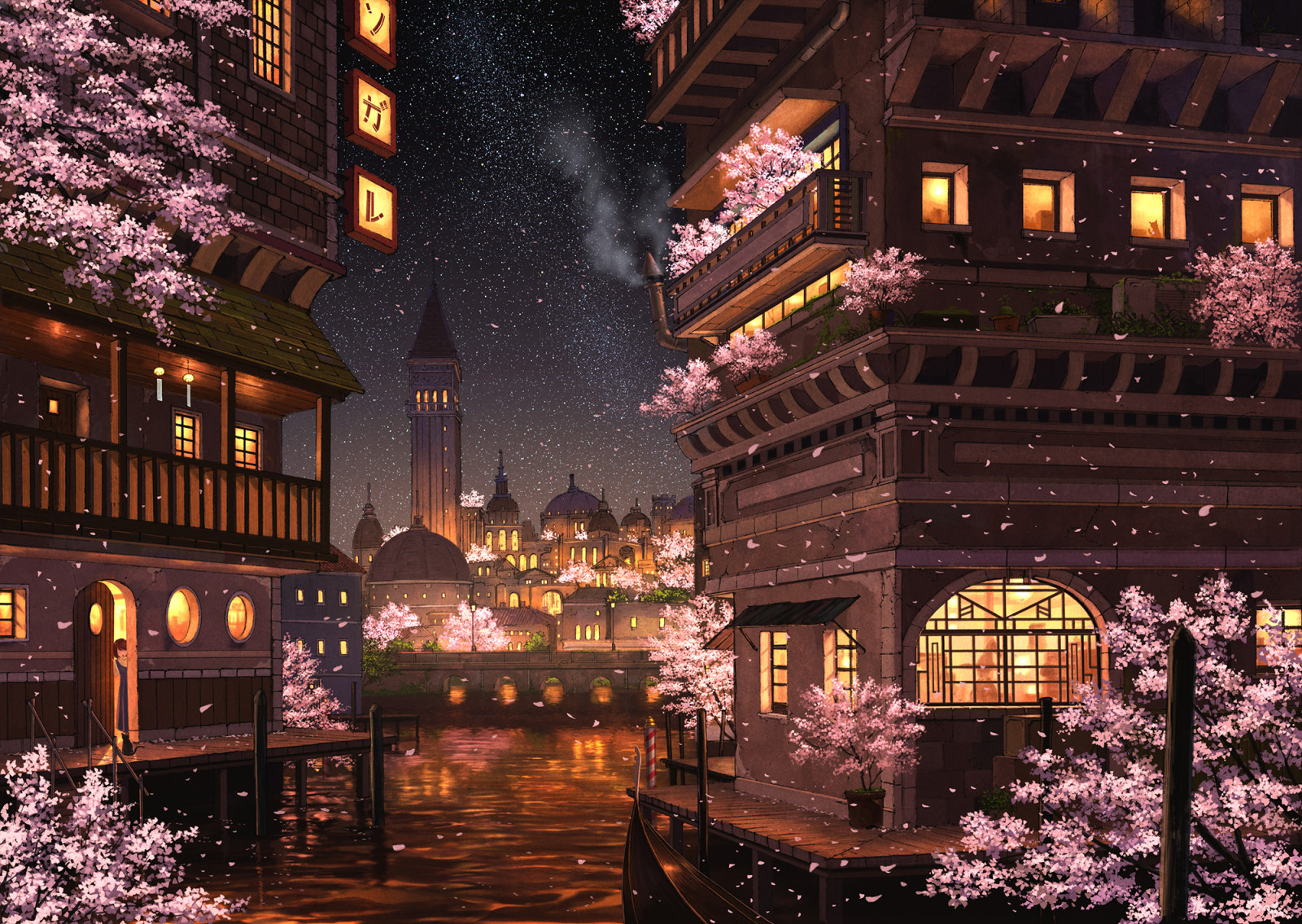 Wallpaper : Pixiv, artwork, flowers, petals, water, building, stars ...