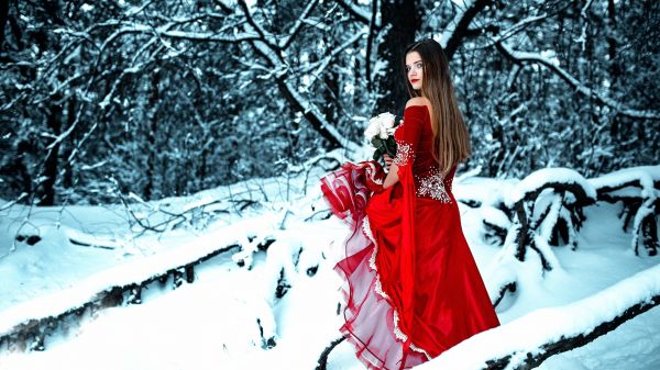 Wallpaper Women Outdoors Fantasy Art Snow Winter Dress Blue