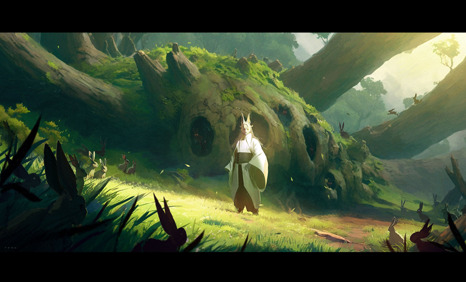 Wallpaper : artwork, digital art, nature, rabbits, grass, mask ...