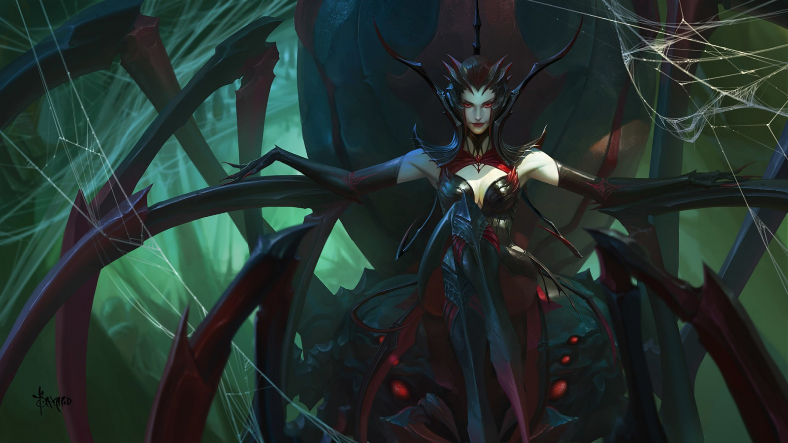 Wallpaper : anime, League of Legends, red eyes, jungle, Elise, darkness ...