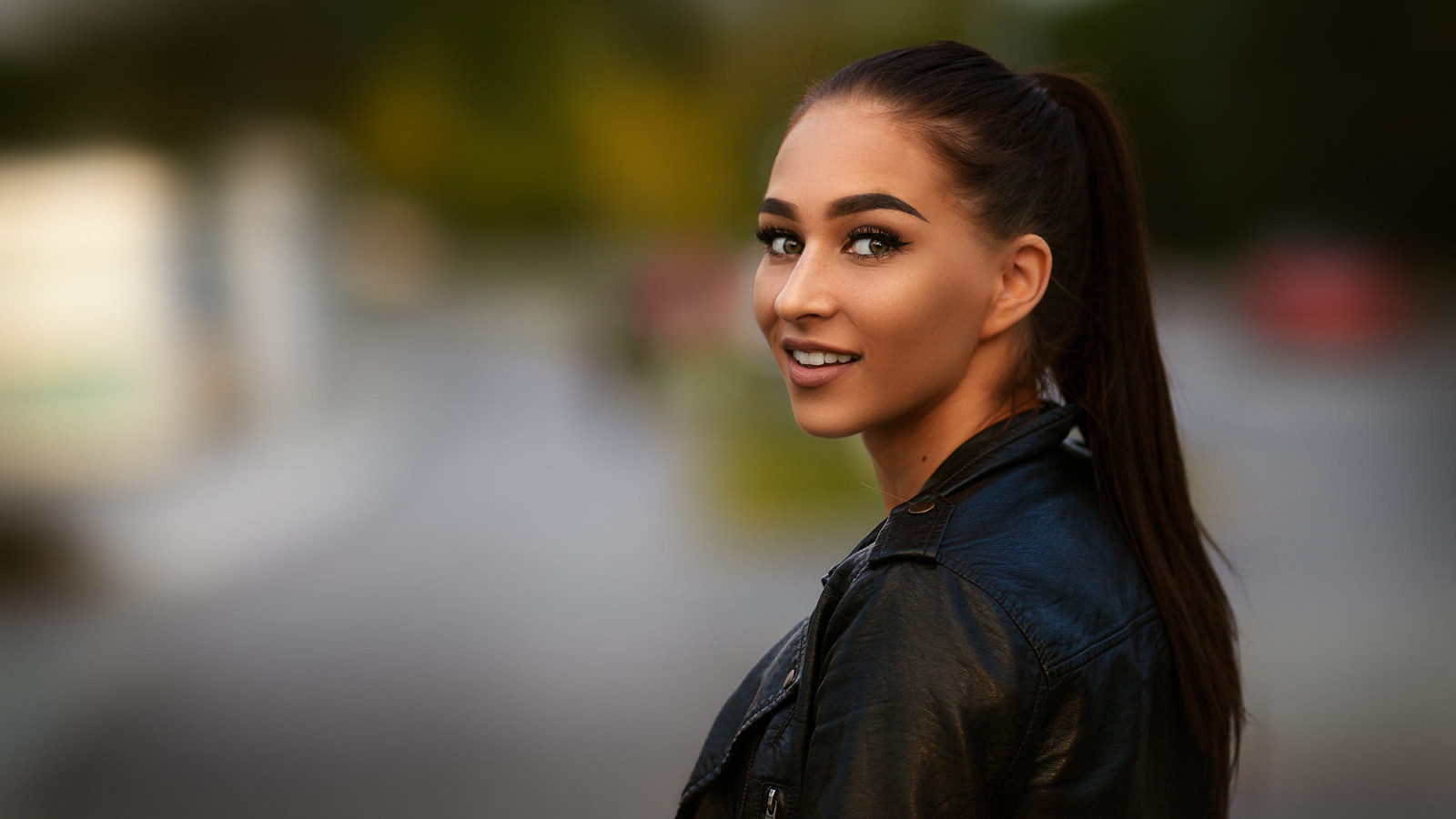 Wallpaper Brunette Women Outdoors Bokeh Leather Jackets Portrait