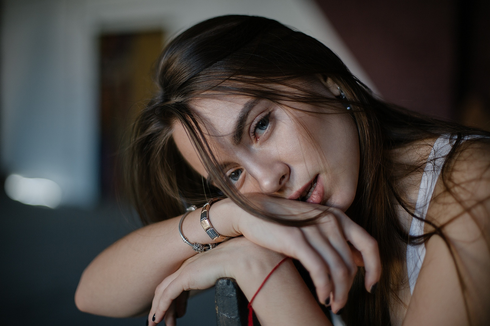 Wallpaper Women Face Portrait Black Nails Blue Eyes 1700x1133