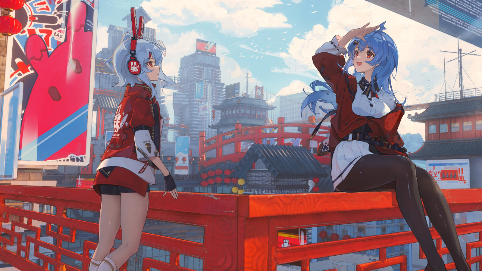 壁纸 22 Bilibili 33 Bilibili 双胆 动漫女孩 耳机 市 Two Women 云彩 Caaaaarrot 3840x2160 Bybünyamin