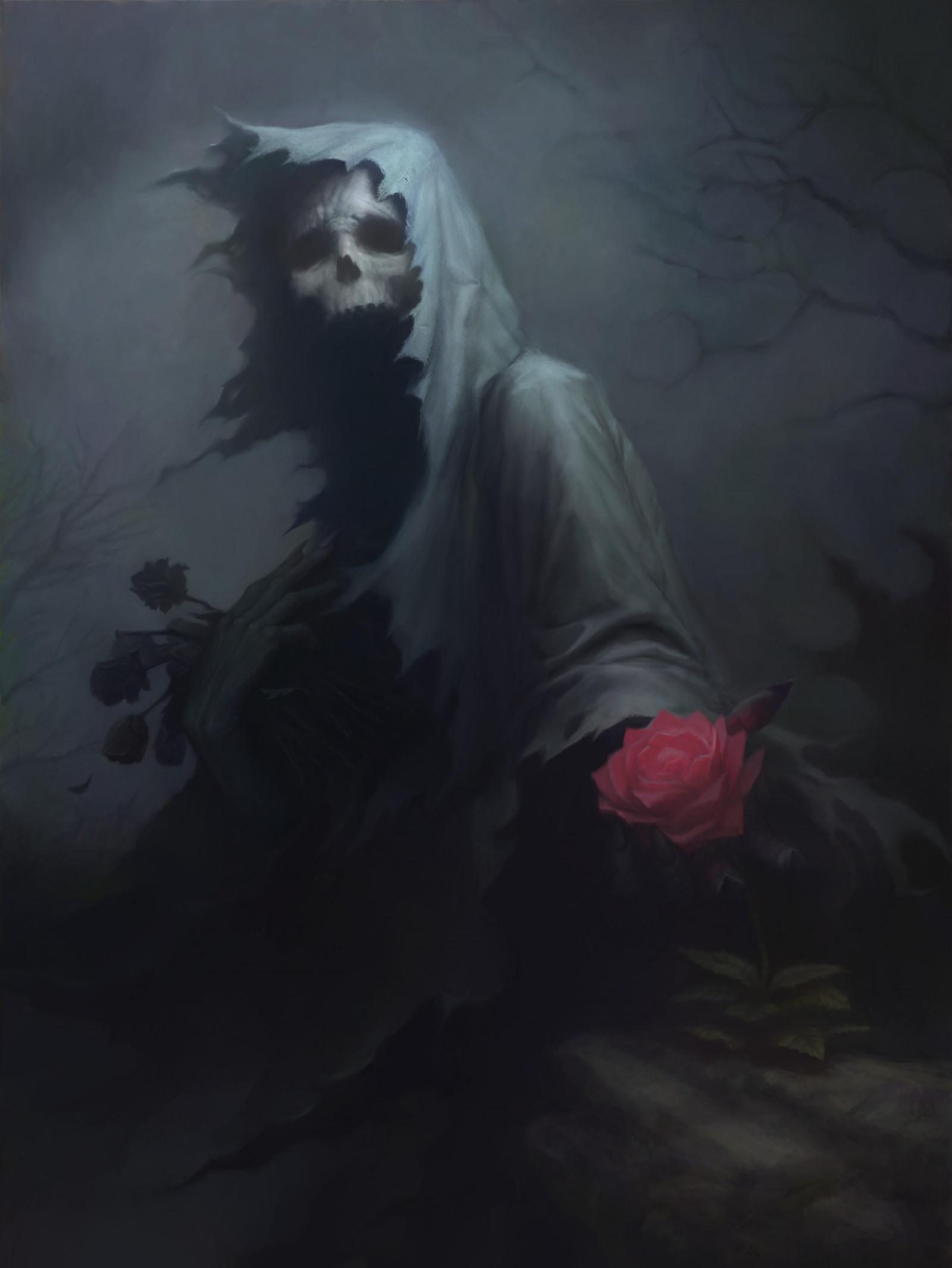 Wallpaper : drawing, fantasy art, dark, rose, skull, death, darkness ...