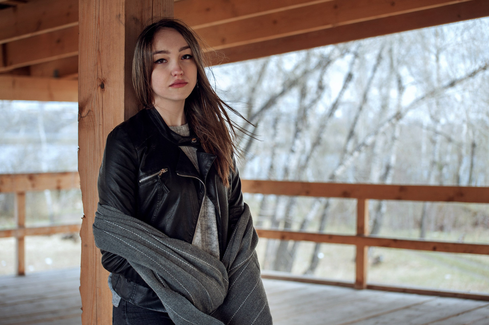 Wallpaper Women Model Looking At Viewer Brunette Leather Jackets