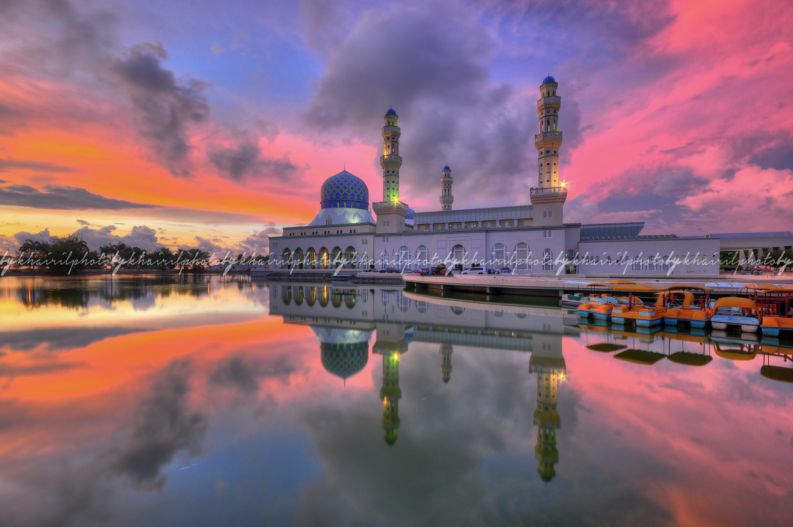 배경 화면 : 일몰, 반사, 아름다운, 아시아 사람, 놀랄 만한, 맑은, 사원, 베스트, 전국의, 보르네오, 코타 키나 발 ...