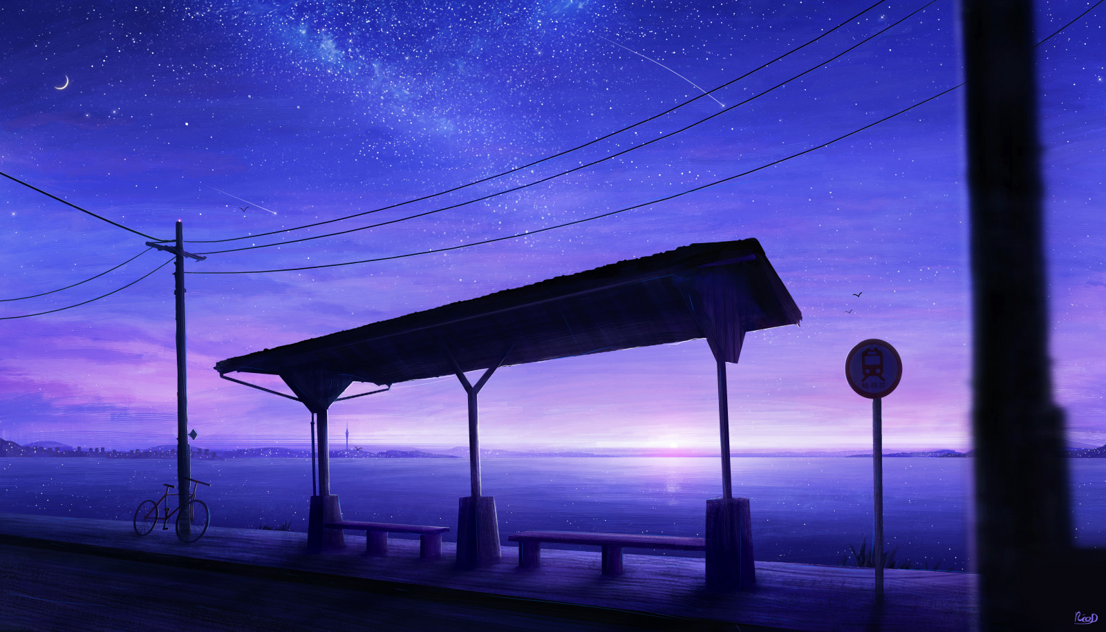 Wallpaper : RicoDZ, bus stop, shooting stars, power lines, bicycle, sea ...