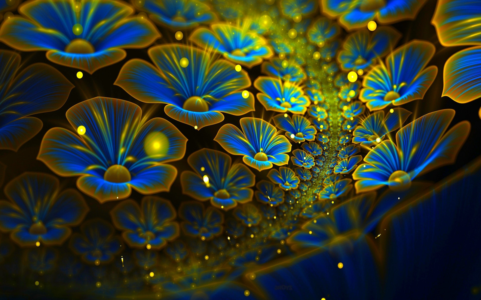 Fond Décran Fleurs Abstrait Symétrie Jaune Bleu Fractale