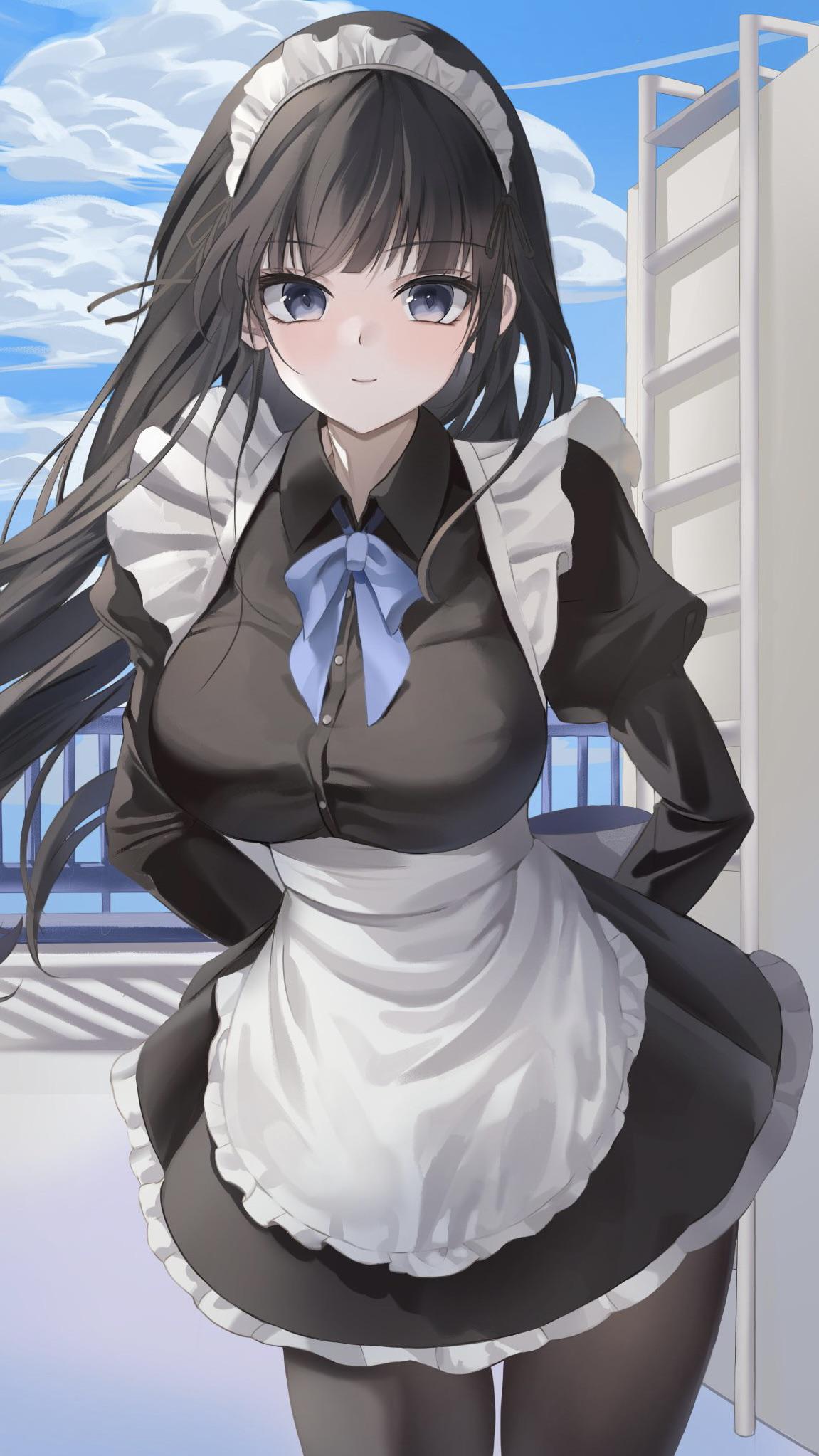 Wallpaper Anime Girls Maid Outfit Blue Eyes Black Hair Vertical 1151x2046 Mizzuu