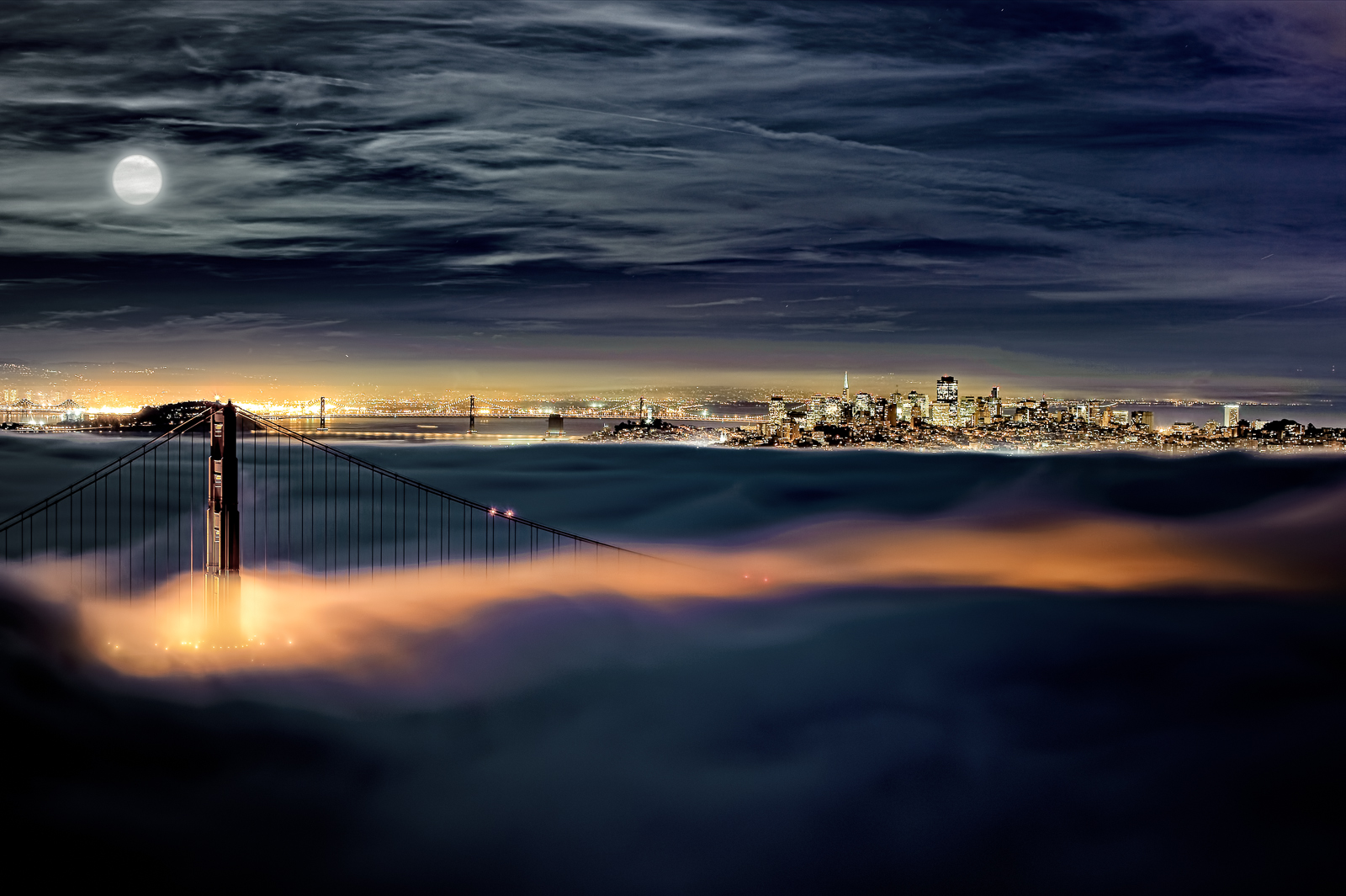 San Francisco Bridge At Night With Moon