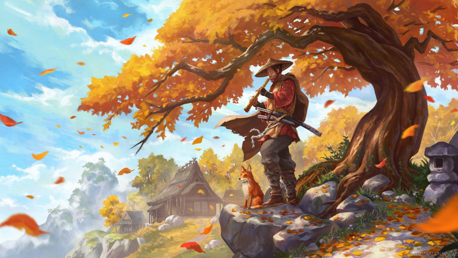 배경 화면 : 삽화, Ghost of Tsushima, Jin Sakai, 사무라이, 자연, 산들, 여우 1920x1080 ...