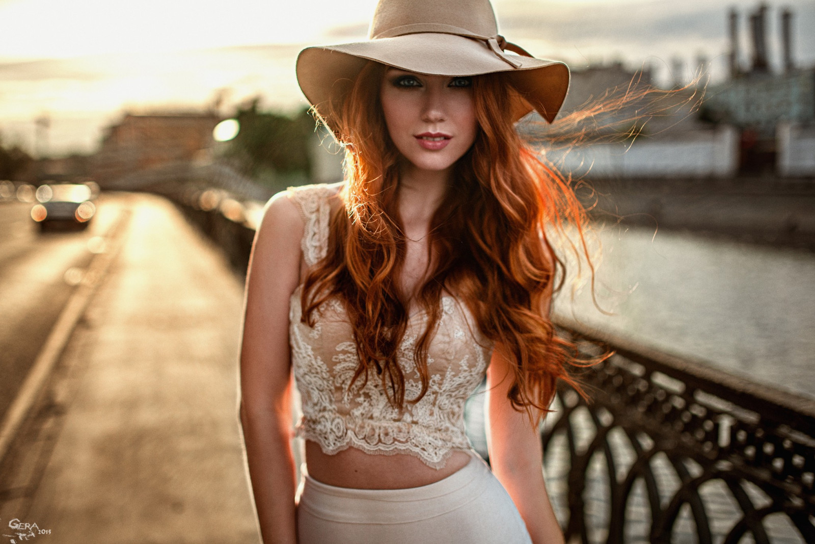 Wallpaper Women Redhead Model Blue Eyes Hat Dress Georgy