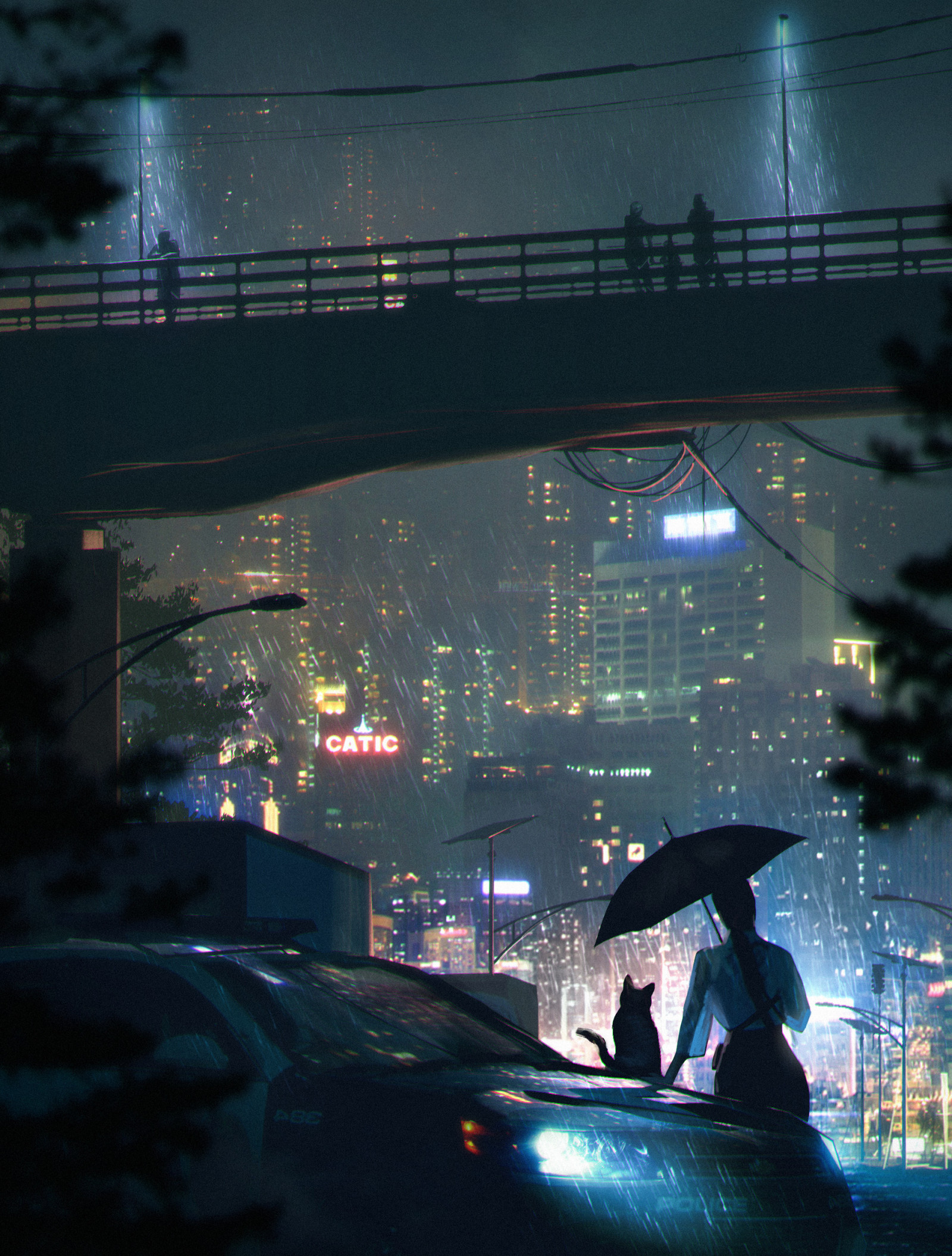 Achtergronden : futuristische stad, Neon lichten, brug, paraplu, regen ...