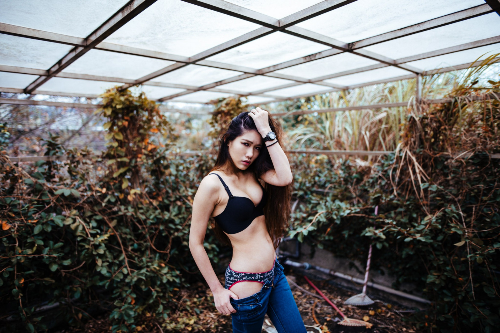 Wallpaper Women Model Portrait Long Hair Asian Jeans Hands On