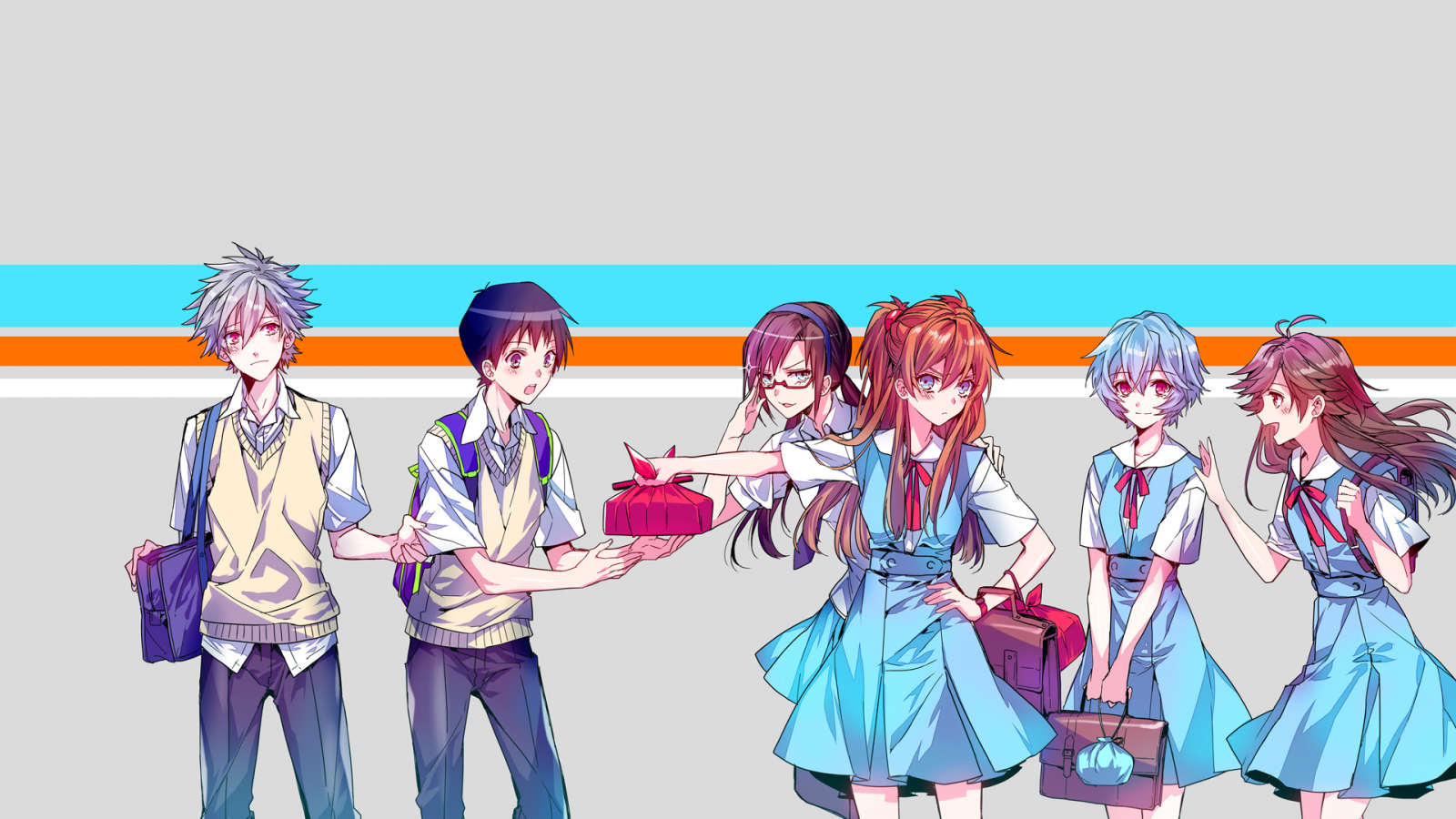 배경 화면 삽화 애니메이션 소녀들 신세기 에반게리온 신 아스카 랭글리 소류 아야나미 레이 이카리 신지 만화 교복