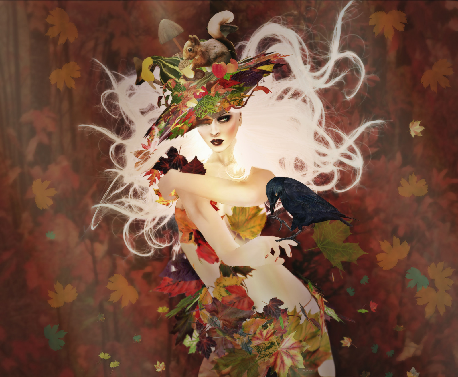 Wallpaper : autumn, woman, fall, leaves, female, pumpkin, squirrel ...