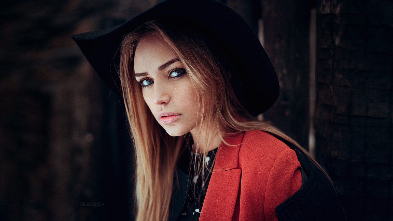 Wallpaper Face Women Model Blonde Long Hair Blue Eyes Red Hat