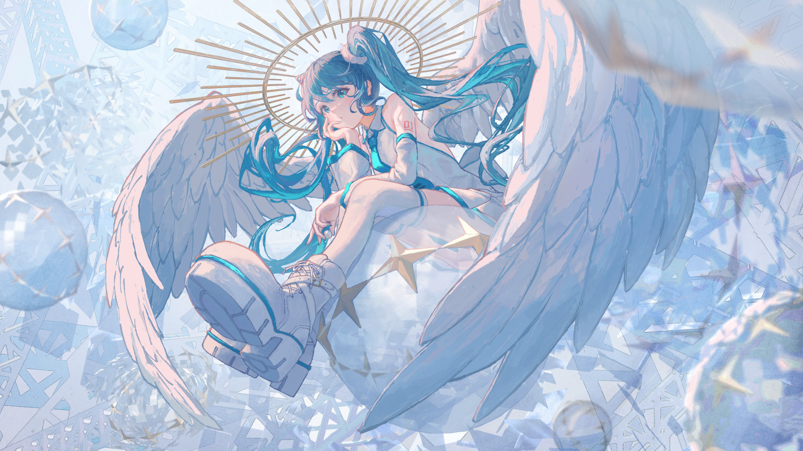 Wallpaper Long Hair Blue Hair Blue Eyes Angels Wings Halo Low Angle Nimbus Twintails