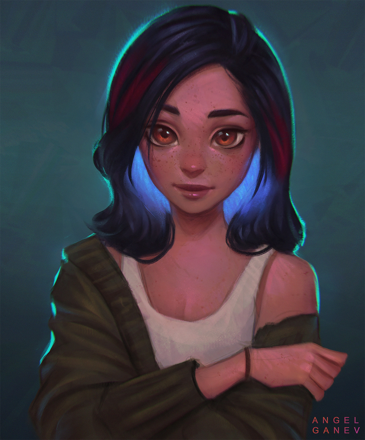 배경 화면 : 1200x1449 px, Angel Ganev, 파란 머리, 그림, 네온, 여자들 1200x1449 ...