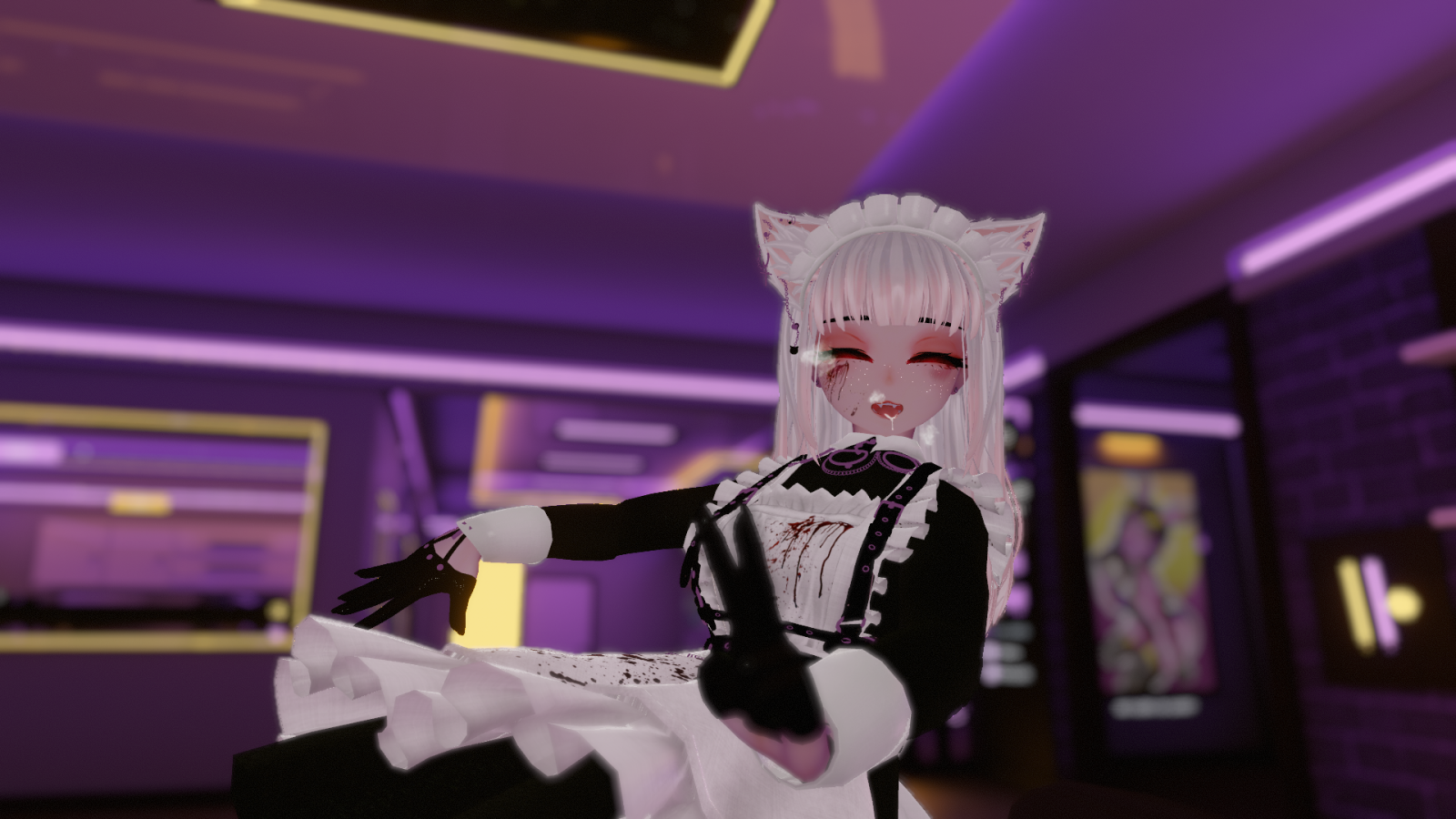 Wallpaper Vrchat Anime Girls Cgi Maid Outfit Gloves Peace Sign Closed Eyes Cat Girl