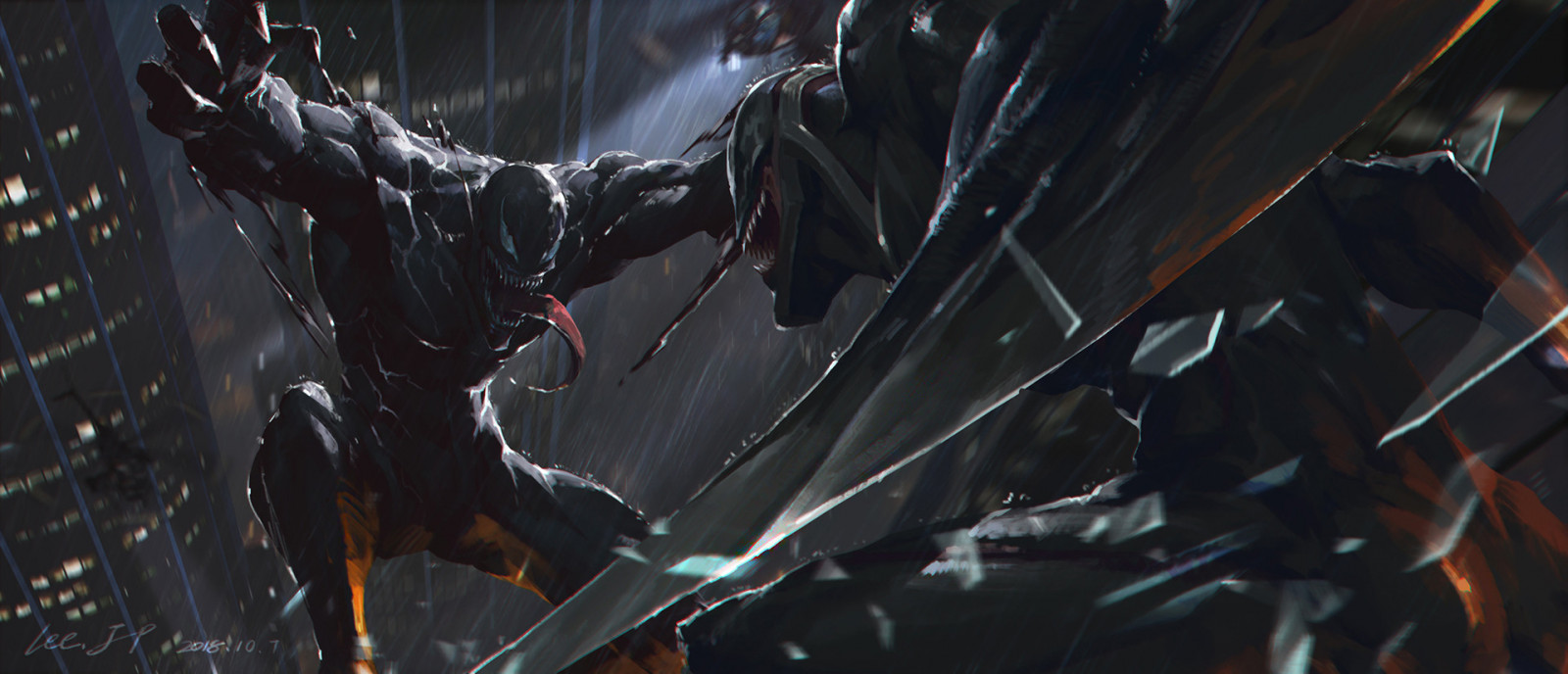 Wallpaper : digital art, Venom, Riot Symbiote, city, night, rain ...
