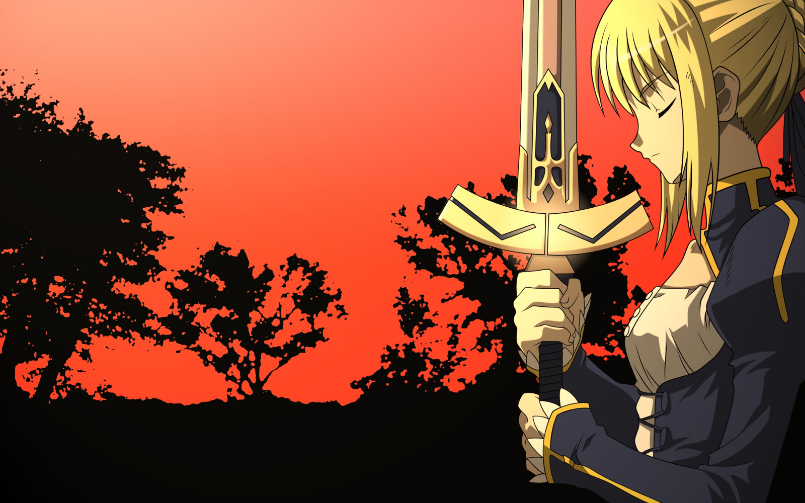Wallpaper : trees, illustration, blonde, sunset, cartoon, sword, girl ...