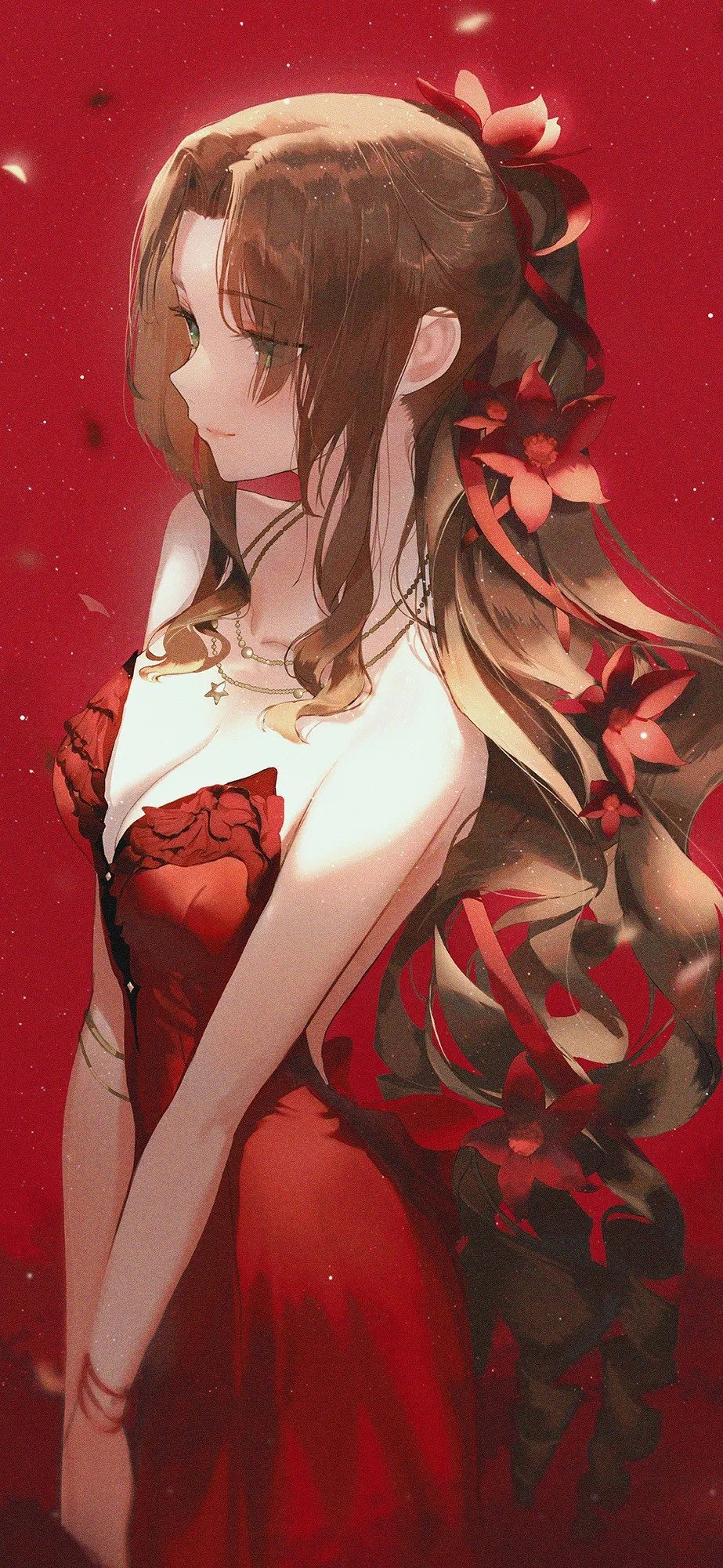 Wallpaper Women Long Hair Final Fantasy Aerith Gainsborough Red Dress Anime Girls Bare