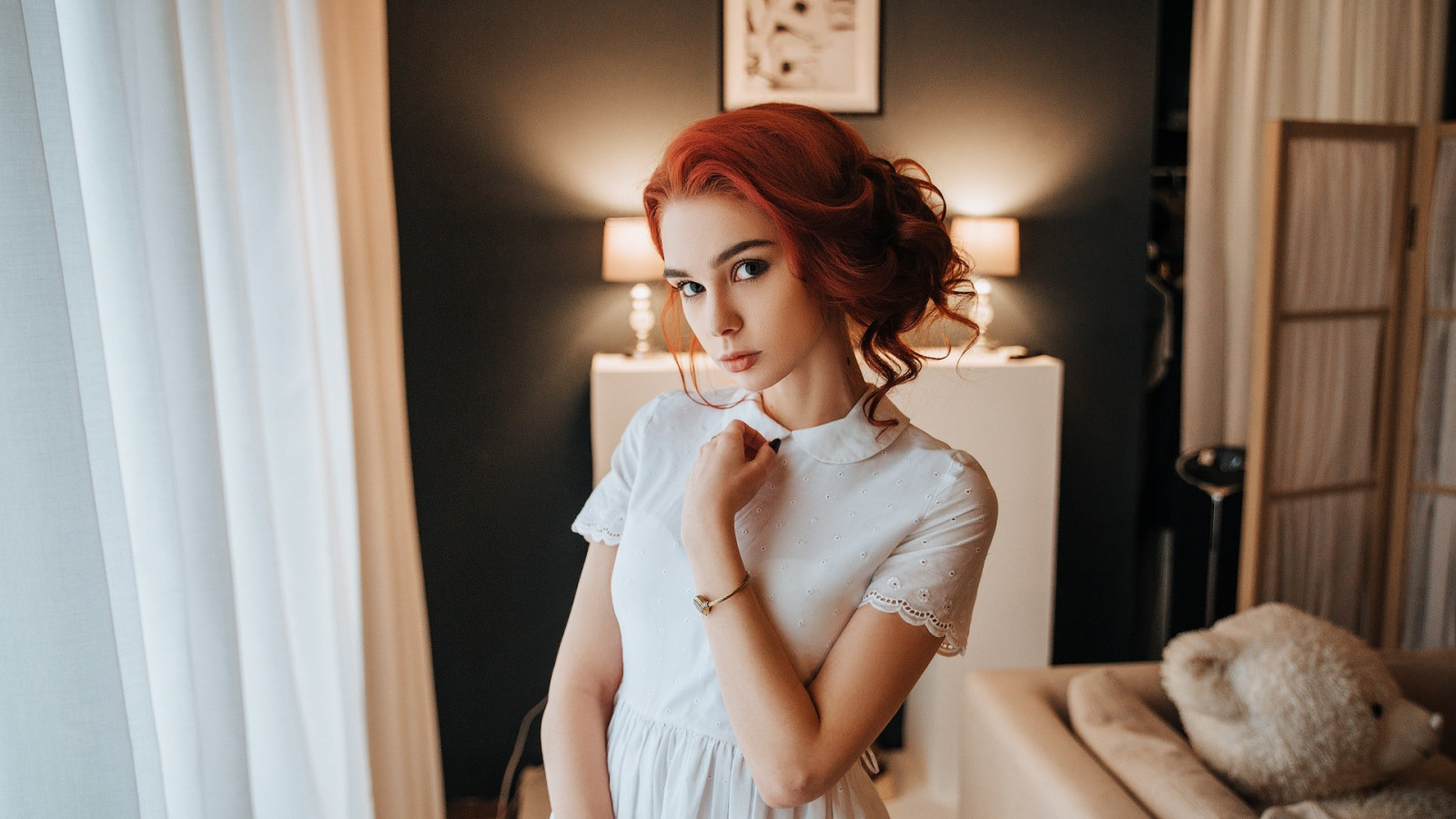 Imagini de fundal : femei, roscata, rochie, față, portret, ochi ...