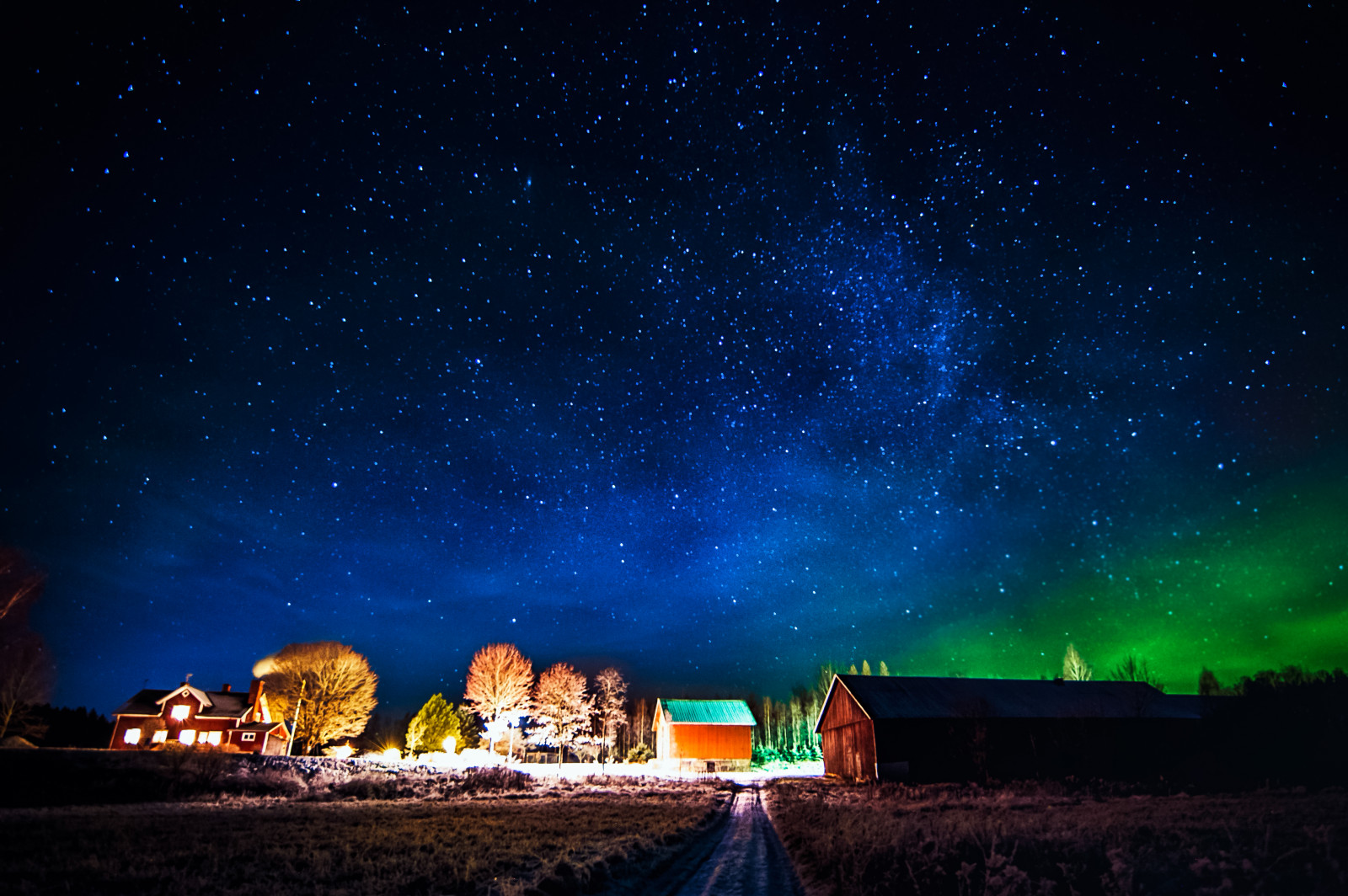 Wallpaper : trees, architecture, sky, winter, road, stars, text, house ...