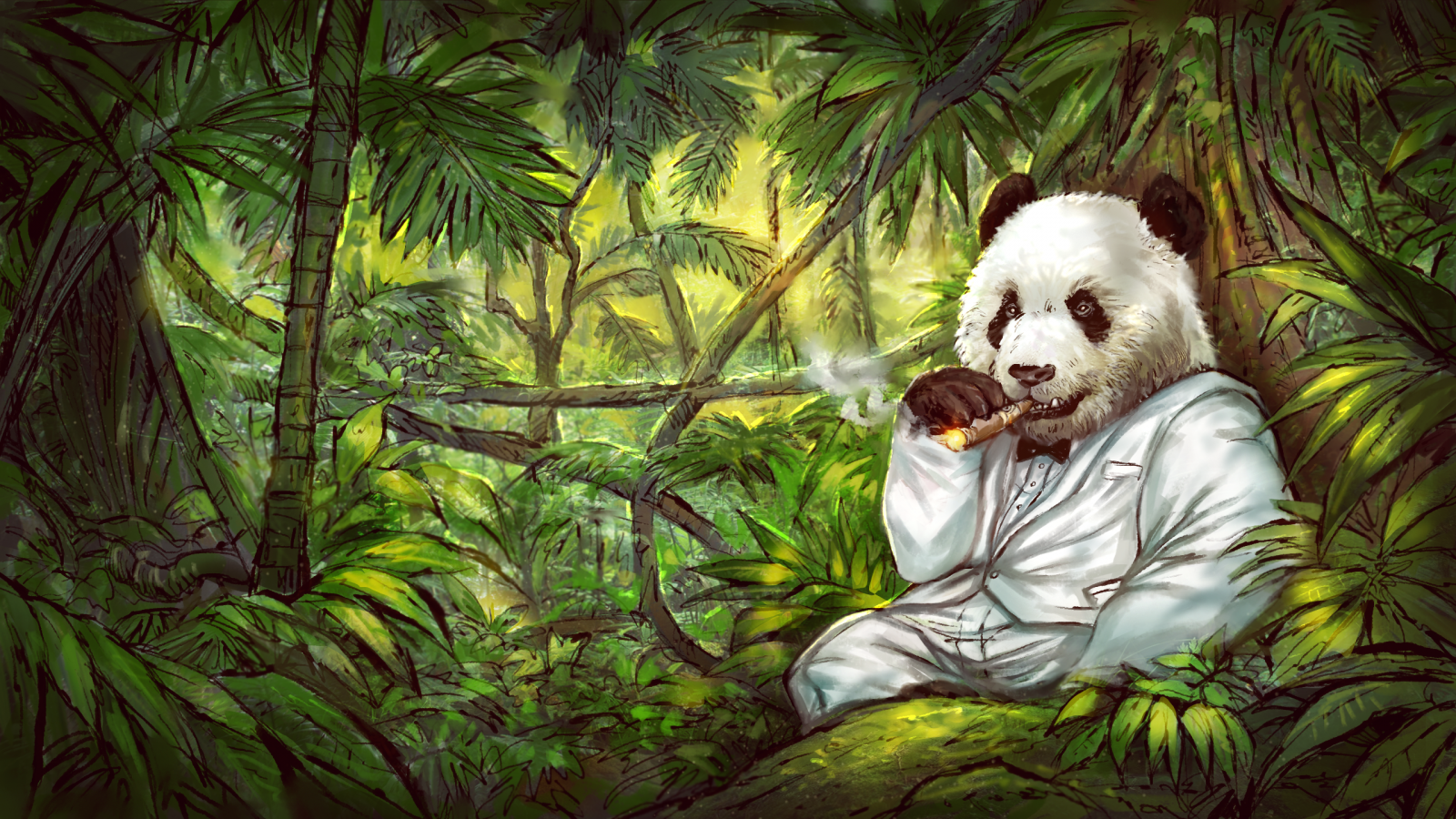 Fond d'écran : illustration, Panda, jungle, smoking, forêt tropicale ...
